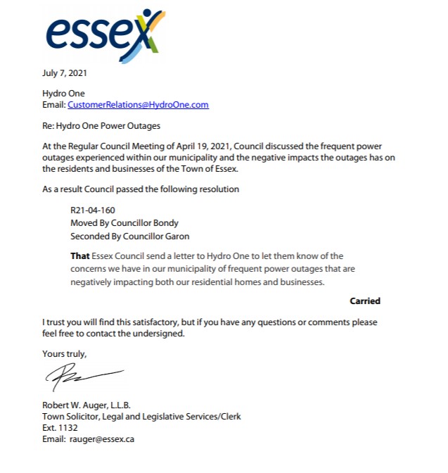 Letter to Hydro One: Moved by Bondy, Supported by Garon – Sherry Bondy